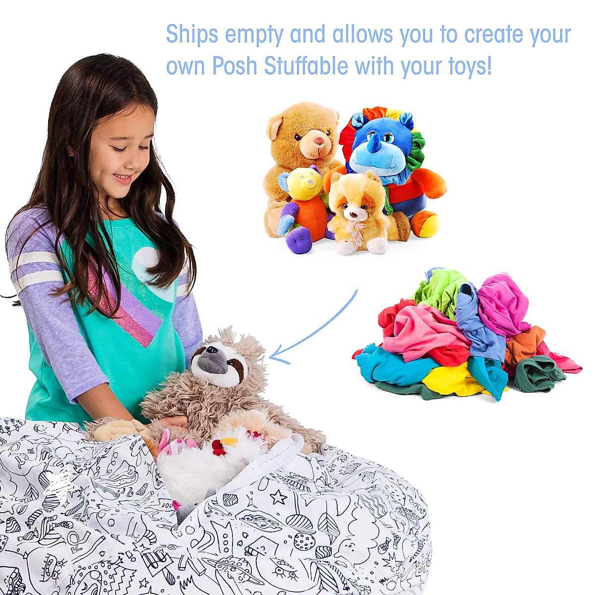 Posh Stuffable Kids Stuffed Animal Storage Bean Bag Chair Cover - Childrens Toy Organizer, Large 38" - Canvas Fun Creatures Coloring Fabric