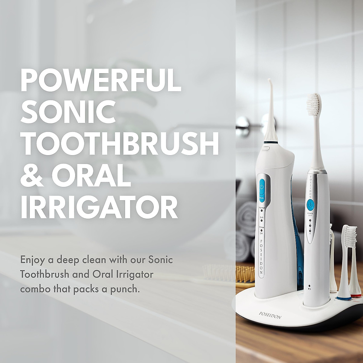 ToiletTree Products Poseidon Irrigator and Toothbrush Combo - Rechargeable Sonic Toothbrush and Oral Irrigator to Support Oral Health and Fight Bad Breath - Comes with Extra Tips for Multiple Users