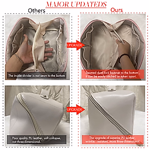 MINGRI Large Capacity Travel Cosmetic Bag for Women,Portable PU Leather Makeup Bag Water Resistant,Flat Open Multifunctional Storage Travel Toiletry Bag with Divider and Handle(White)