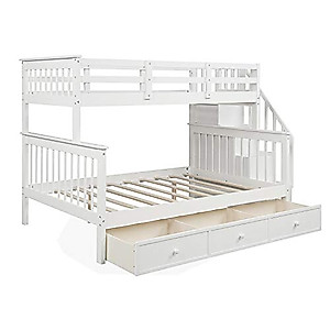 Harper & Bright Designs bunk Bed Twin Over Full Size with Drawers,Storage Shelf and Stairway Wood Bunk Beds for Kids and Teenagers,Kids Bed with Full-Length Guard Rail,No Box Spring Needed, White