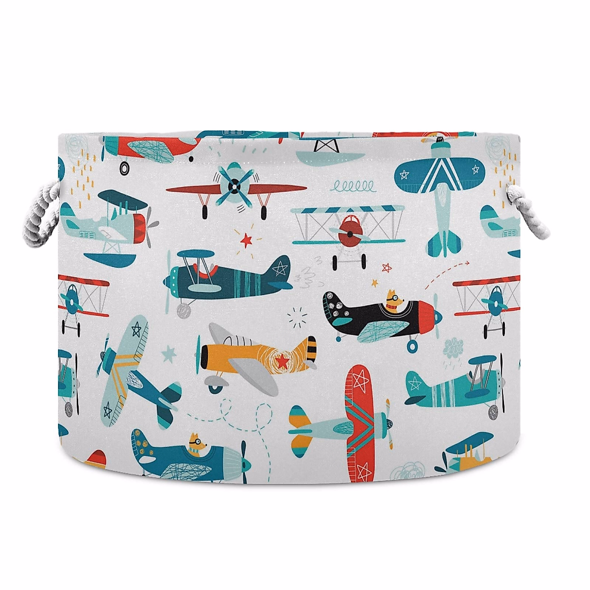 Airplanes Aircrafts Boys In Turquoise Red Orange Seamless Round Storage Basket Bin, Waterproof Laundry Hamper, Large Collapsible Bucket, Baby Nursery Organizer with Handles for Bathroom Toys Clothes