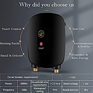 3000W Mini Water Heater 110V Electric Tankless Instant Hot Water Heater Thermostatic Washing Heating System for Home Kitchen Bathroom (Black)