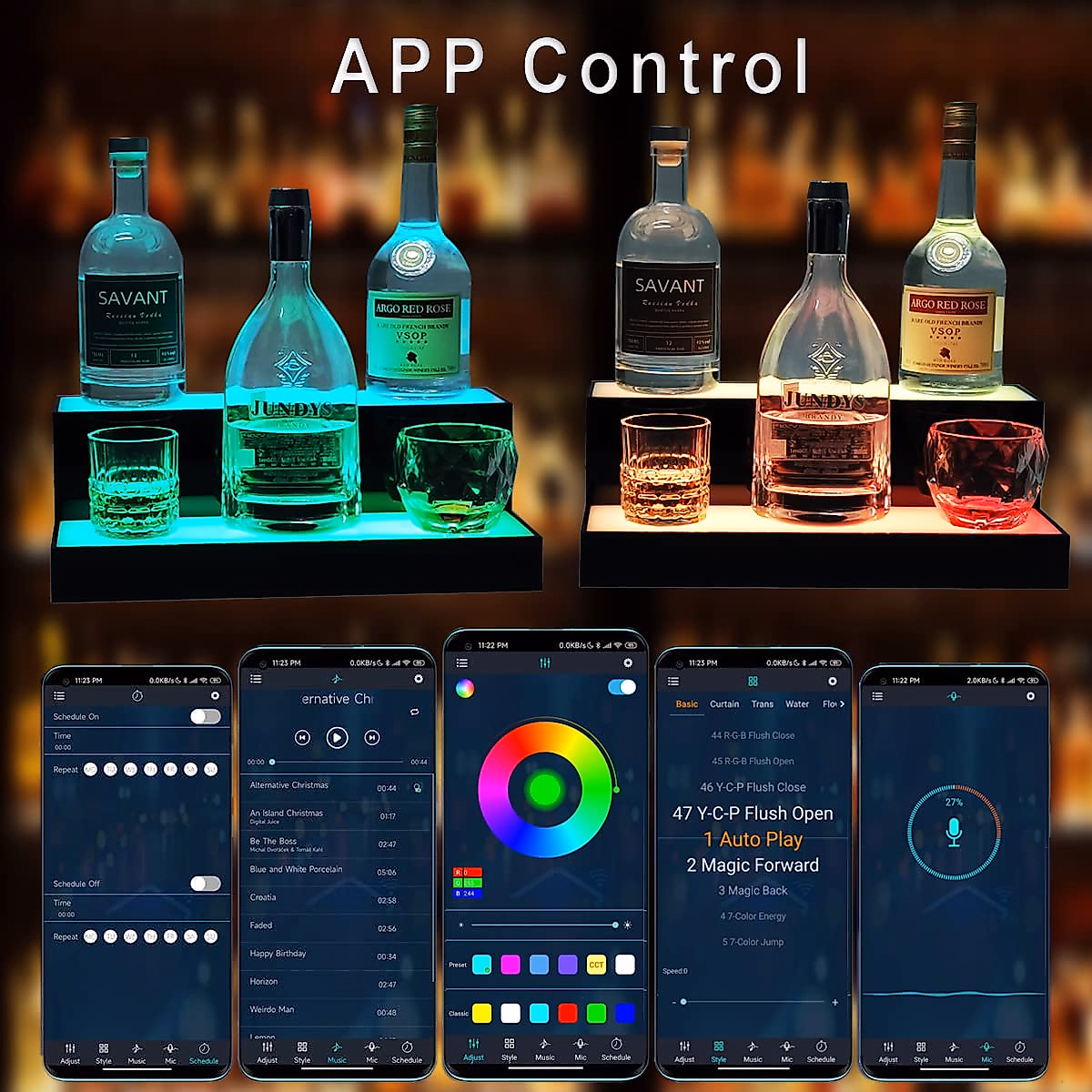 LED Liquor Bottle Display Shelf, Wireless Remote & App Control, 16 Inch 2 Step Illuminated Bar Bottle Lighting Shelves Bar Accessories for Home Bar Party Restaurant Decor