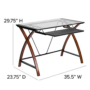 Flash Furniture Jude Glass Computer Desk with Pull-Out Keyboard Tray and Crisscross Frame, Clear/Cherry