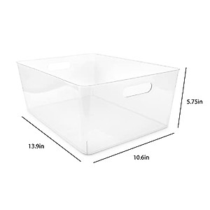 Isaac Jacobs 3-Pack XL Clear Storage Bin (13.9” x 10.6” x 5.75”) Set w/ Cut-Out Handles, Plastic Organizer, Multi-Use, Home, Office, Pantry, Closet, Kitchen