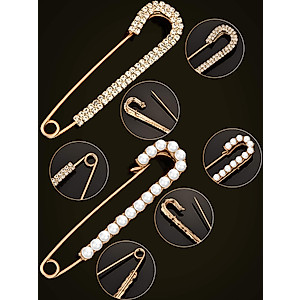 Women Brooch Pins Sweater Shawl Clips Faux Crystal Pearl Brooches Safety Pins Dress Shirt Clips for Women Gold Silver (4 Pieces)