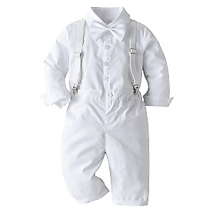 Baptism Christening Outfits for Boys Baby Clothes Sets Toddler Boy Outfit Gentleman Suits 3pcs Striped Bow Tie Shirts Suspenders Pants Birthday Formal Wedding Party Dress Suit # All White 12-18 Months