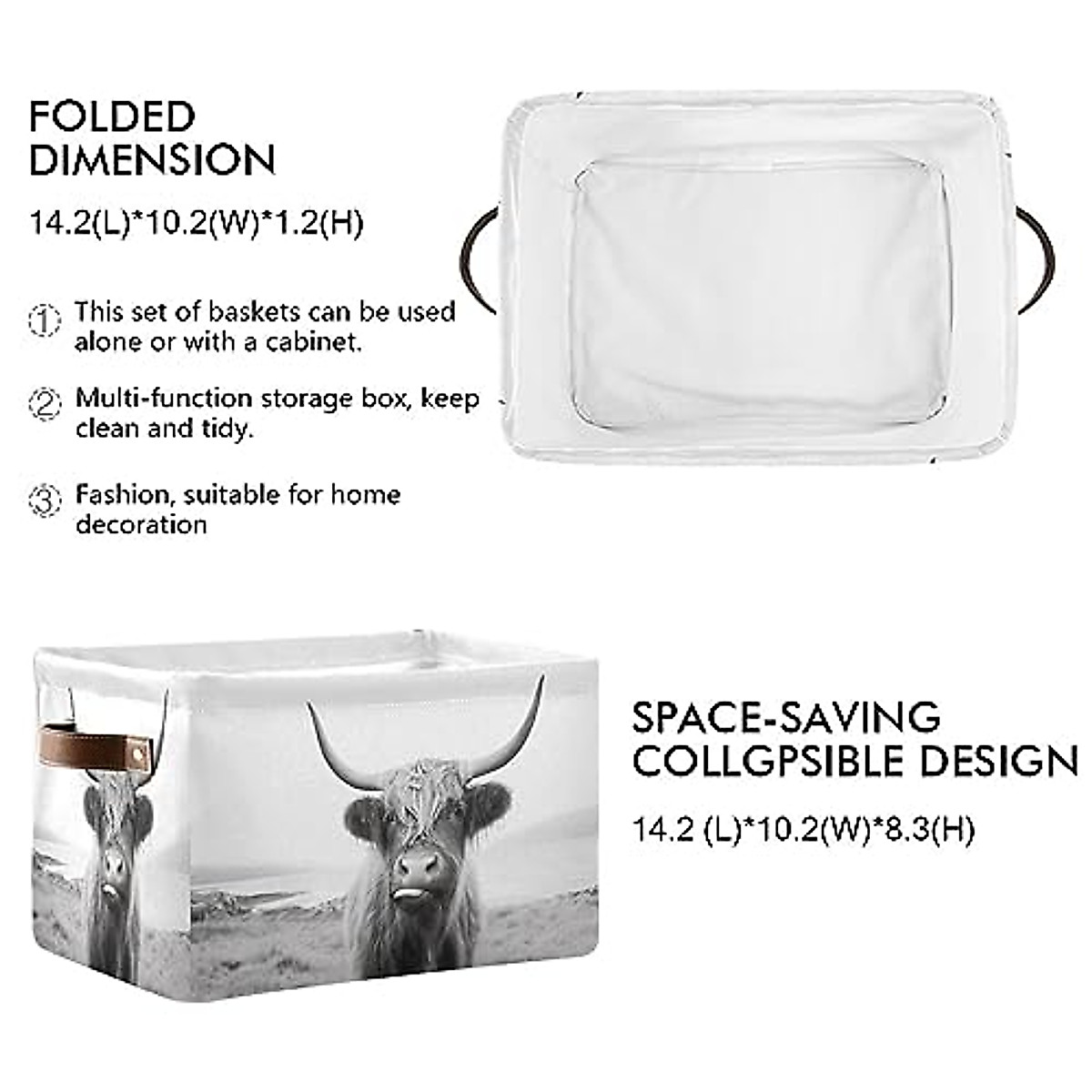 xigua Scottish Highland Cow Print Storage Bin Collapsible Canvas Storage Basket Closet Organizer with Handles for Bedroom Nursery Shelves Laundry Room, 1 Pack