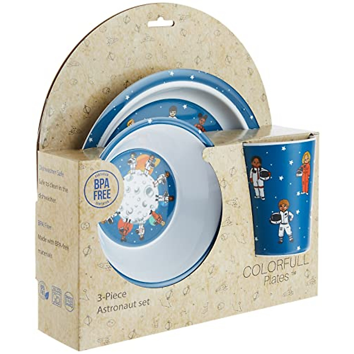 Colorfull Plates 3 Piece Kids Dinnerware Set, Space Themed, BPA-Free Melamine, Multicolor, Toddler Feeding Set