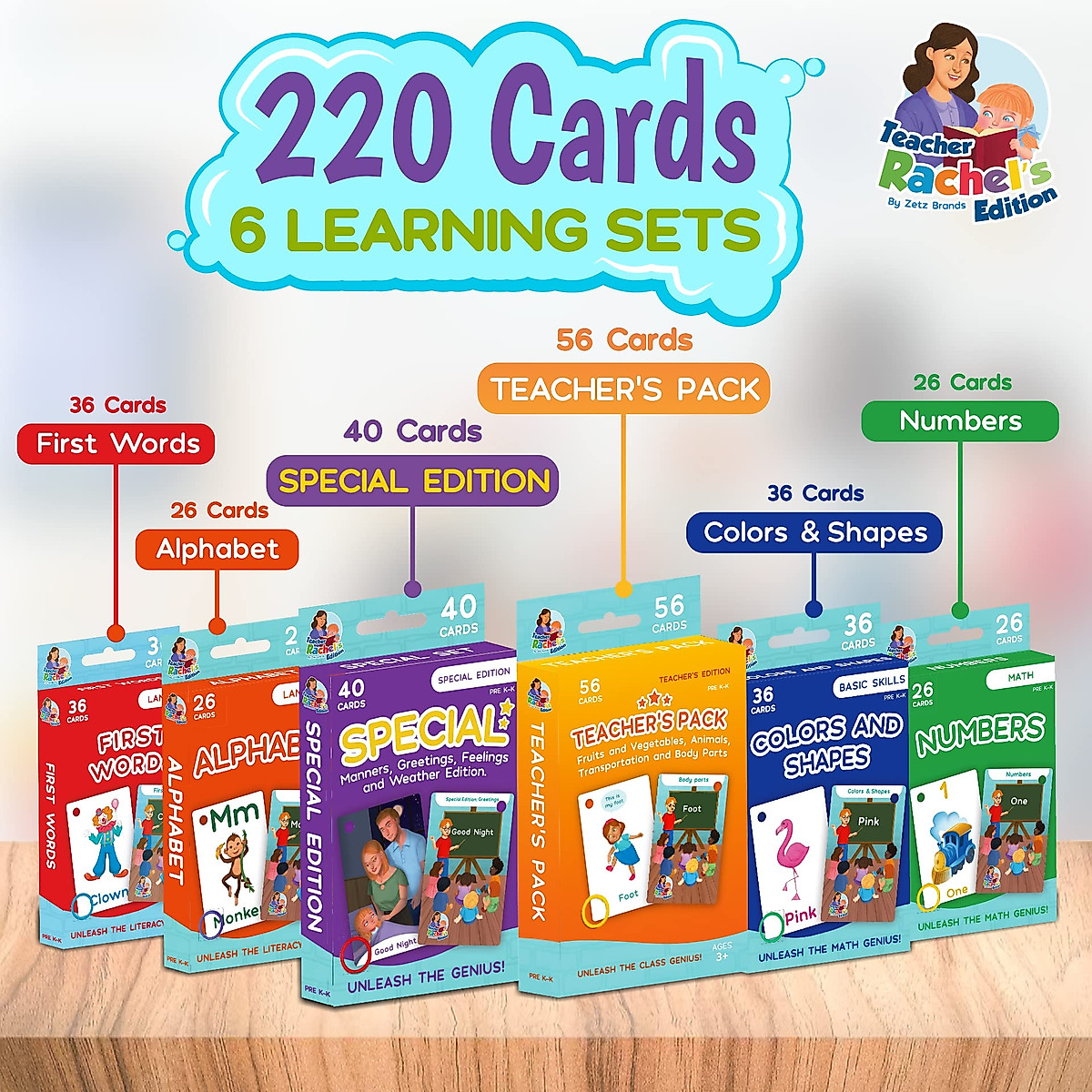 Teacher Rachel's Educational Flash Cards for Toddlers - Set Of 5 184 Cards Pre K-K Mega Flashcards Set with First Words, Alphabet, Colors, Shapes, Numbers, Manners, Greetings, Feelings, and Weather
