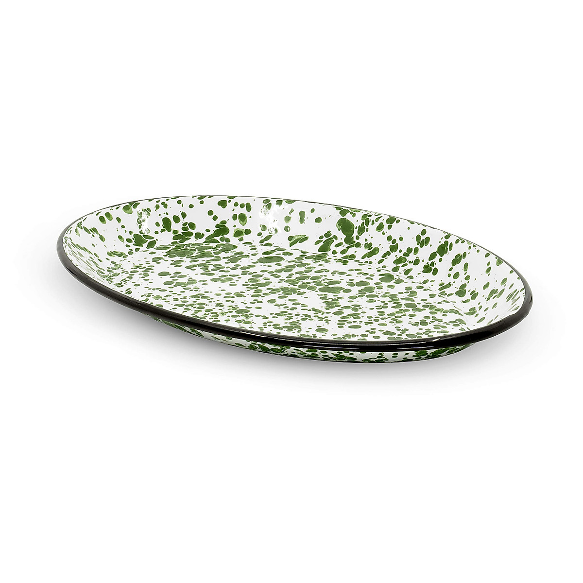 Red Co. Enamelware Metal Classic 13" Serving Oval Tray Platter, Dark Green Marble/Black Rim - Splatter Design