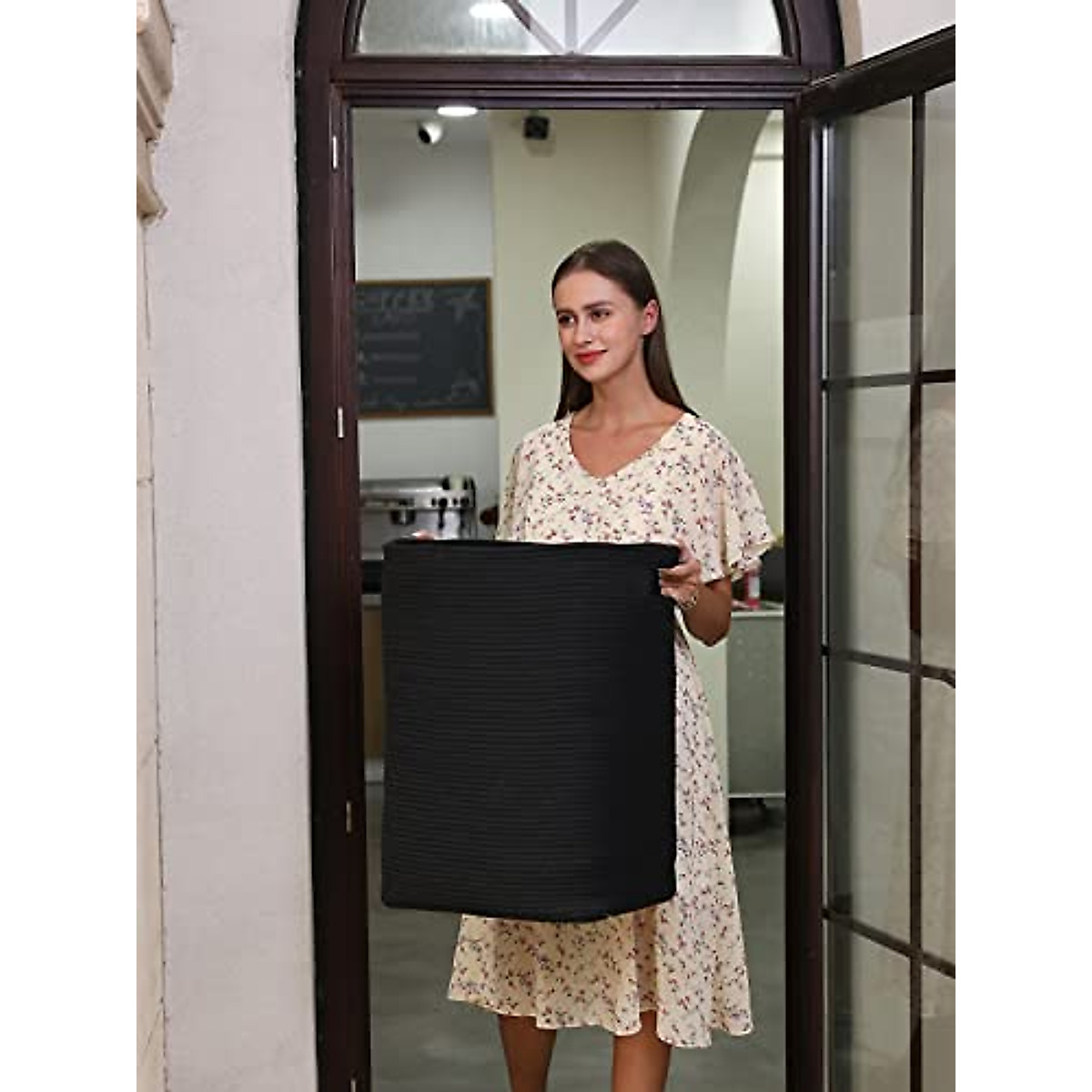 16"x13"x22" Extra Large Rectangular Storage Basket, Cotton Rope Storage Baskets, Woven Laundry Hamper, Toy Storage Bin, for Toys Blanket in Living Room, Baby Nursery, All Black