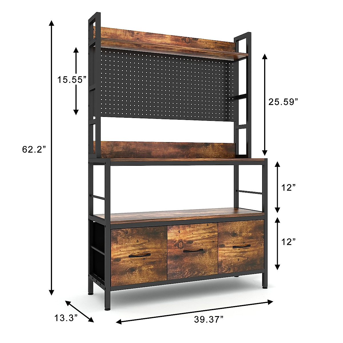 NAIYUFA 5-Tier Free Standing Bakers Rack with Pegboard, Metal Kitchen Storage Shelf Organizer, Industrial Microwave Oven Stand with Hooks and Baskets