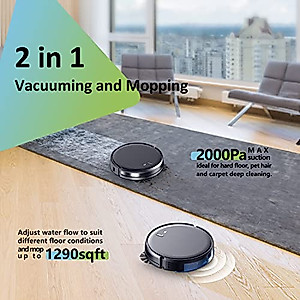 Robot Vacuum and Mop Combo, 2 in 1 Mopping Robotic Vacuum with 2000Pa Max Suction, WiFi/App/Alexa, Schedule Settings, Self-Charging, Slim, Tangle-Free, Ideal for Hard Floor, Pet Hair and Carpet