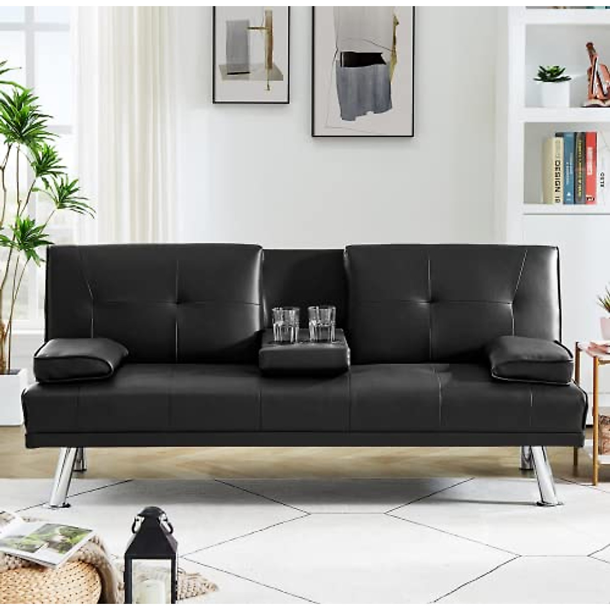 AWQM Faux Leather Futon Sofa Bed Upholstered Modern Convertible Sofa Bed Small Couch Bed Adjustable Couch Sleeper for Compact Living Space, Removable Armrests, Metal Legs, 2 Cupholders, Black