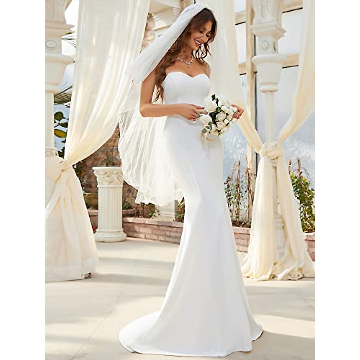 Ever-Pretty Womens Long Off-Shoulder Mermaid Sexy Wedding Bridesmaid Dresses for Evening Party White US16