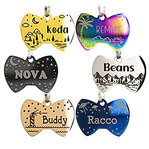 Personalized Dog Tag with 5 Lines of Custom Deep Engraved Durable Stainless Steel Pet ID Name Tag Designer Small Size Bow Tie