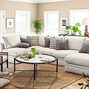 Round Coffee Table, 35in Modern Living Room Accent Side Tea Table with Marbling Glass Top, Black Gold Metal Legs Industrial Sofa Center Table for Dining Room with Wood Top Frame