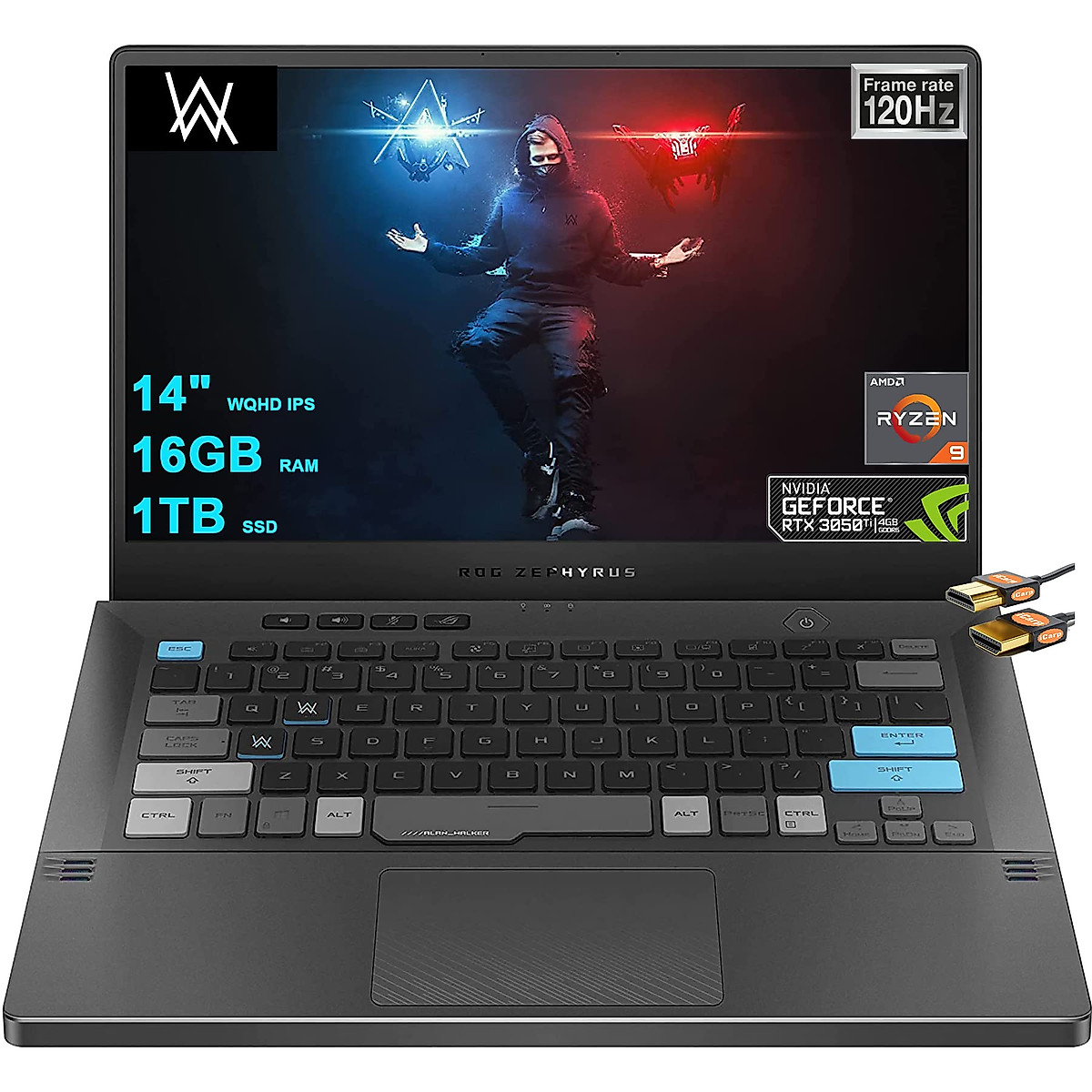 ASUS ROG Zephyrus G14 Alan Walker Special Edition Gaming Laptop 14" WQHD 120Hz IPS AMD 8-Core Ryzen 9 5900HS (Beat i7-10370H) 16GB RAM 1TB SSD GeForce RTX 3050 Ti 4GB Backlit USB-C Win10 + HDMI Cable