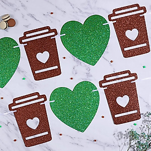 Coffee Bar Banner Green, Glitter Coffee Cup and Heart Garland, Latte Banner for Birthday Bachelorette Engagement Wedding Baby Shower Party, Coffee Bar Wall Table Decorations