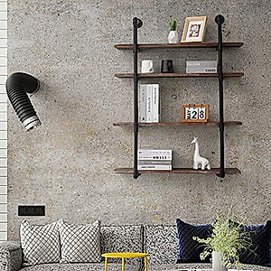 Coral Flower Industrial Pipe Shelving Wall-Mounted 4-Tier Rustic Metal Floating Shelves Wood Book Shelves Wall Shelf Unit Bookshelf Hanging Wall Shelves，Gray