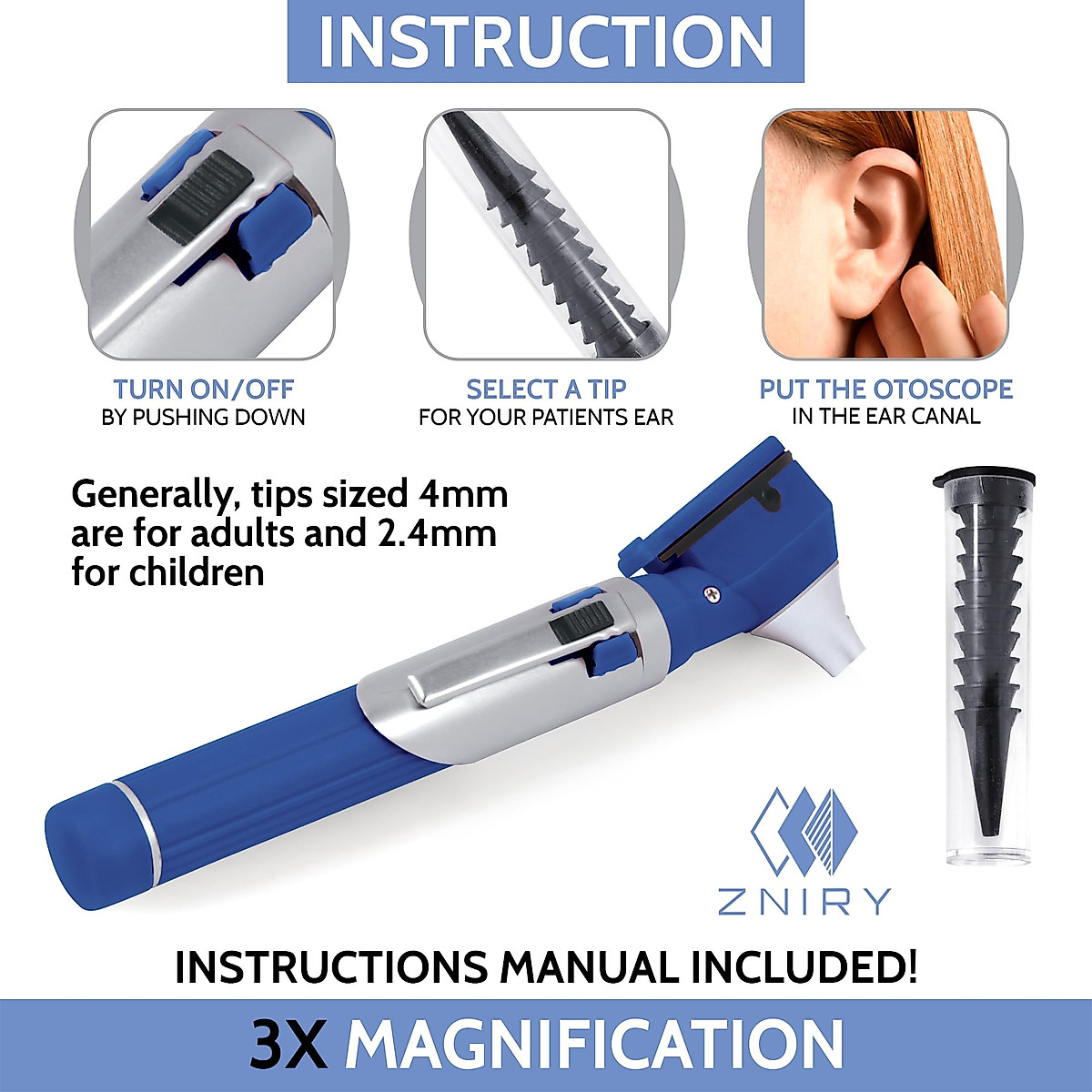 Zniry Fiber Optic Mini Otoscope - Ear Scope with Light, Ear Infection Detector (Blue Color) Reguler