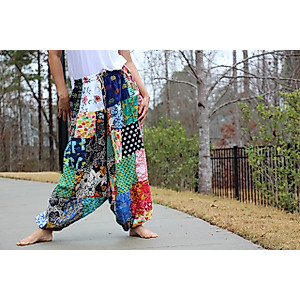 PEACH PEBBLE Women's Harem Pants 100% Cotton, Bohemian Yoga Boho Hippie Aladdin Colorful Patchwork Harem Pants, Soft Cotton Casual Fashion Women