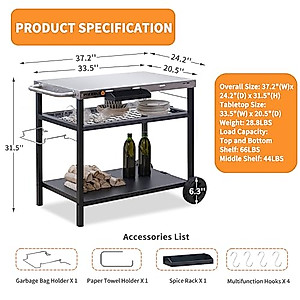PIZZELLO Outdoor Grill Cart Three-Shelf Pizza Oven Stand Table with Wheels Dining Cart Table for Outside Patio, Movable Kitchen Cooking Prep Table BBQ Cart with 34"x 21" Stainless Steel Tabletop