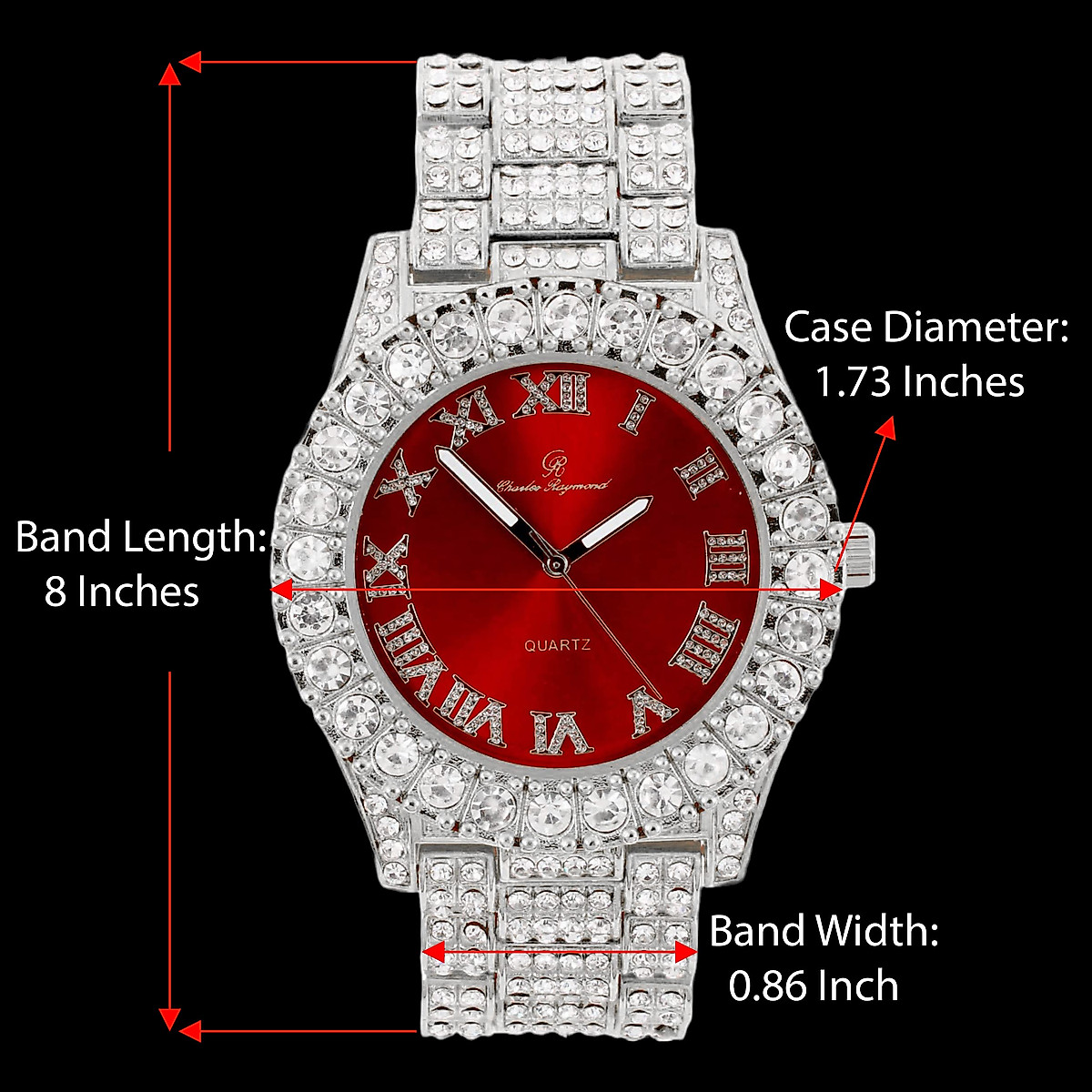 Charles Raymond Mens Silver Big Rocks with Roman Numerals Fully Iced Out Colorful Dial Watch - ST10327 RN Single (Blood Red/Silver)