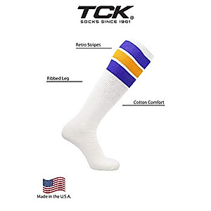TCK Retro 3 Stripe Tube Socks (Purple/Gold, Medium)