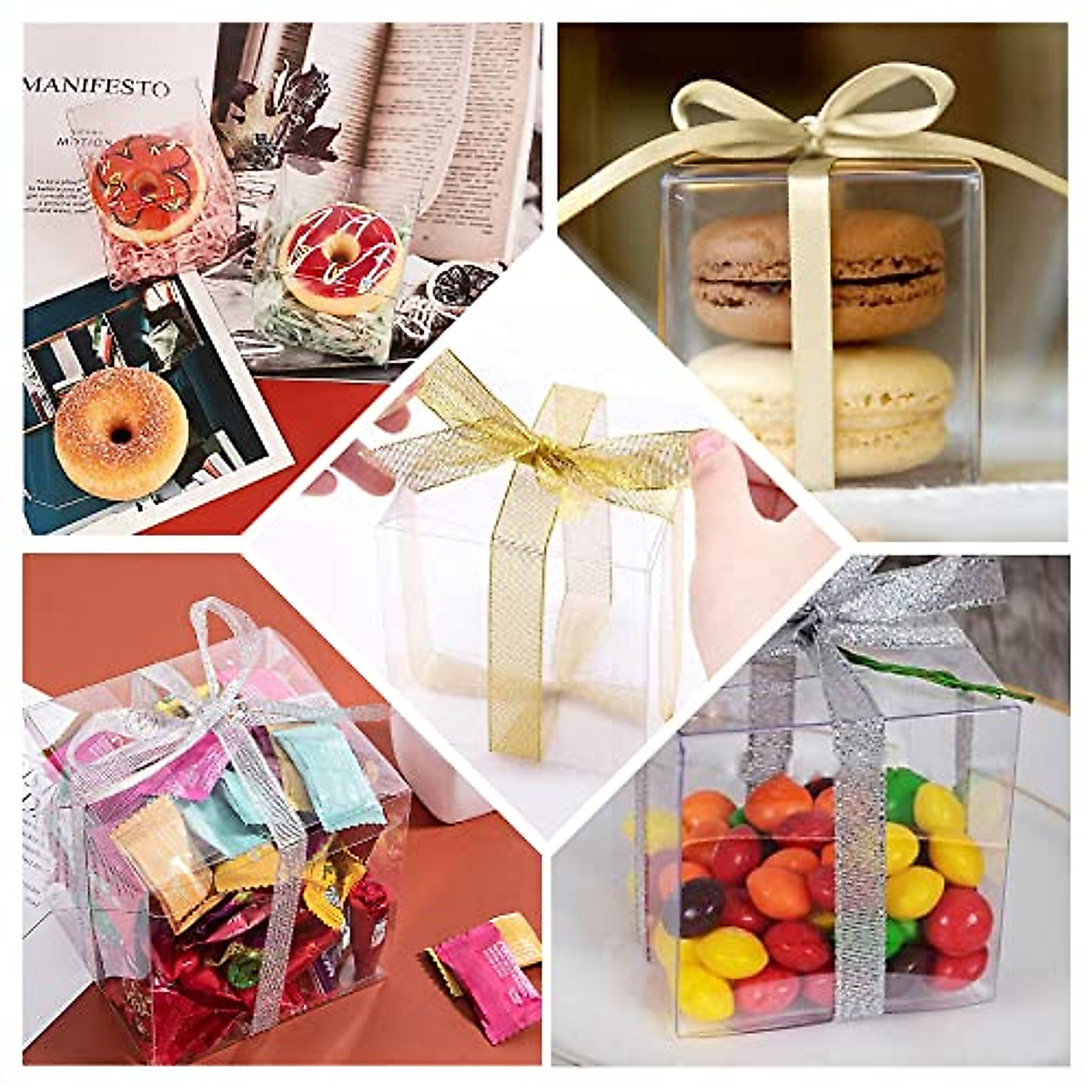 75 pcs 2x2x2 Inch Clear PET Macaron Boxes, Wedding Plastic Boxes, Treat Candy Boxes, Small Clear Boxes for Gifts, Clear Party favor Boxes, Clear Cupcake Boxes with Free Gold Wrapping Ribbon