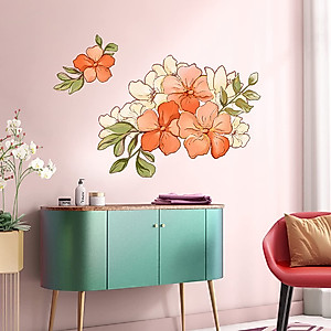 RW-6014 Romantic Orange Flowers Wall Decals Yellow Peony Rose Wall Stickers DIY Removable 3D Green Leaf Floral Blossom Plant Wall Art Decor for Kids Girls Bedroom Living Room Nursery Decoration