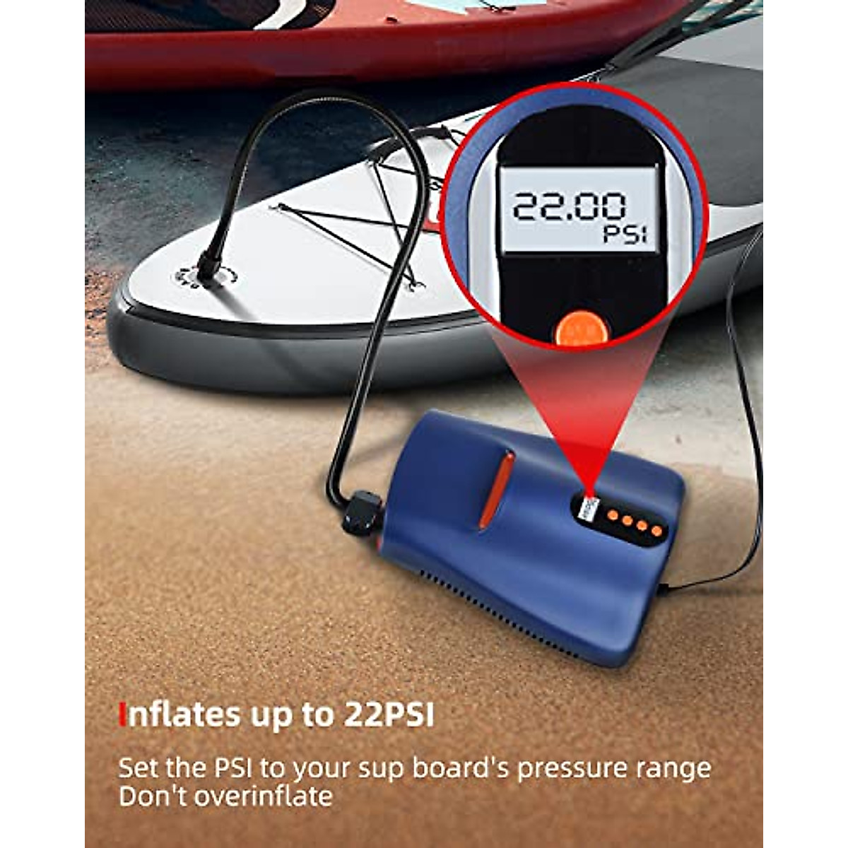 Abahub 22PSI SUP Electric Air Pump, Auto-Off Inflation & Deflation, Portable High Pressure Pump, 12 DV Car Connector for Inflatable Stand Up Paddle Boards, Kayaks, Boats