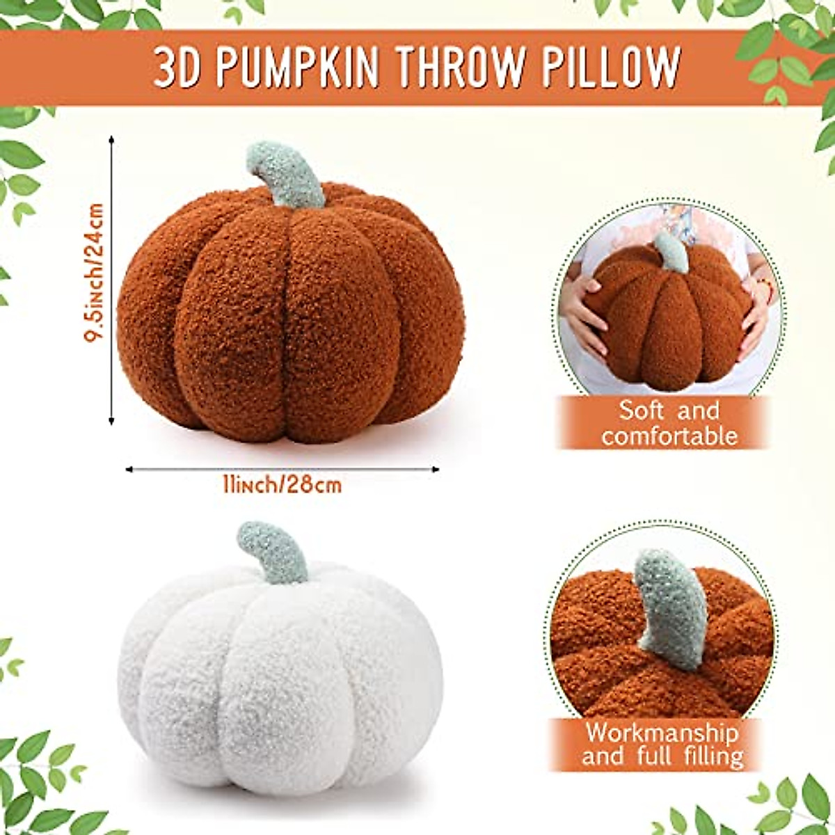 2 Pieces Simulated Pumpkin Plush Pillow 11 x 9.5 Inch 3D Thanksgiving Cushion Shaped Pillow Cozy Fall Decorations Toy Pillows for Thanksgiving Christmas Bedroom Sofa Couch Supplies (White, Brown)