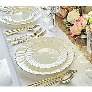 " OCCASIONS " 50 Plates Pack (25 Guests)-Vintage Wedding Party Disposable Plastic Plate Set -25 x 10.25'' Dinner + 25 x 7.5'' Salad/dessert plates (Blossom Ivory & Gold)