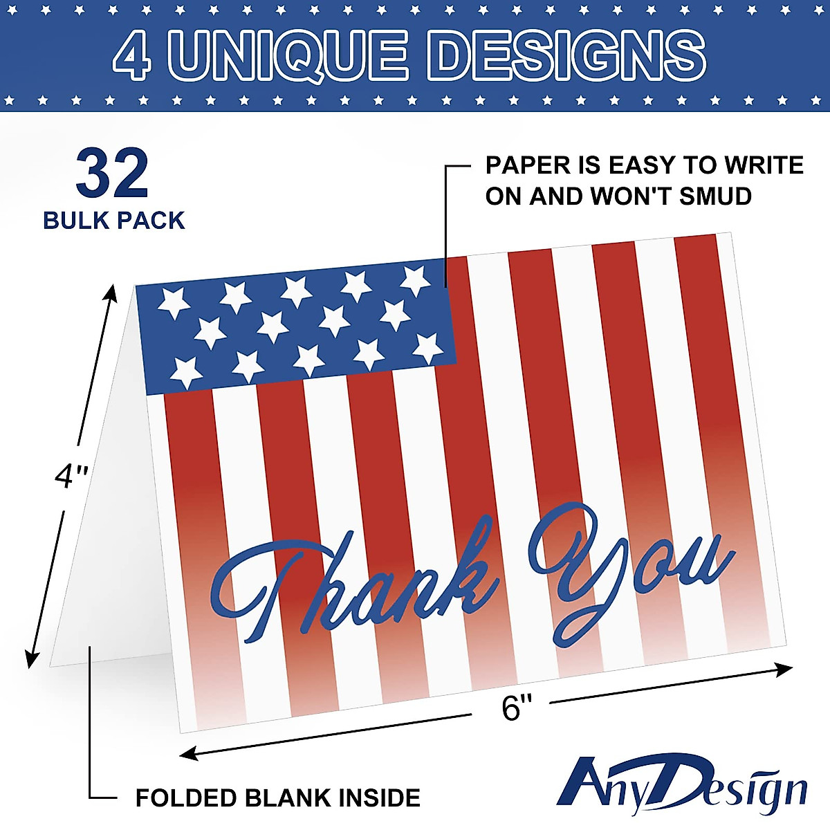 AnyDesign 32 Pack Patriotic Thank You Cards American Flag Stars Stripes Thank You Note Cards with Envelopes Stickers 4th of July Blank Greeting Cards for Independence Day Memorial Day Supplies