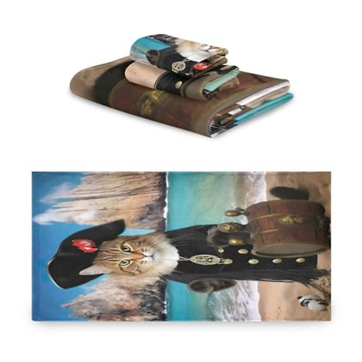 Flradish Pirate Captain Cat Towels 3 Pack Bath Towels for Bathroom Set Soft Cotton Highly Absorbent Lightweight & Quickdry Towel Set 1 Bath Towel,1 Hand Towel,1 Washclothe