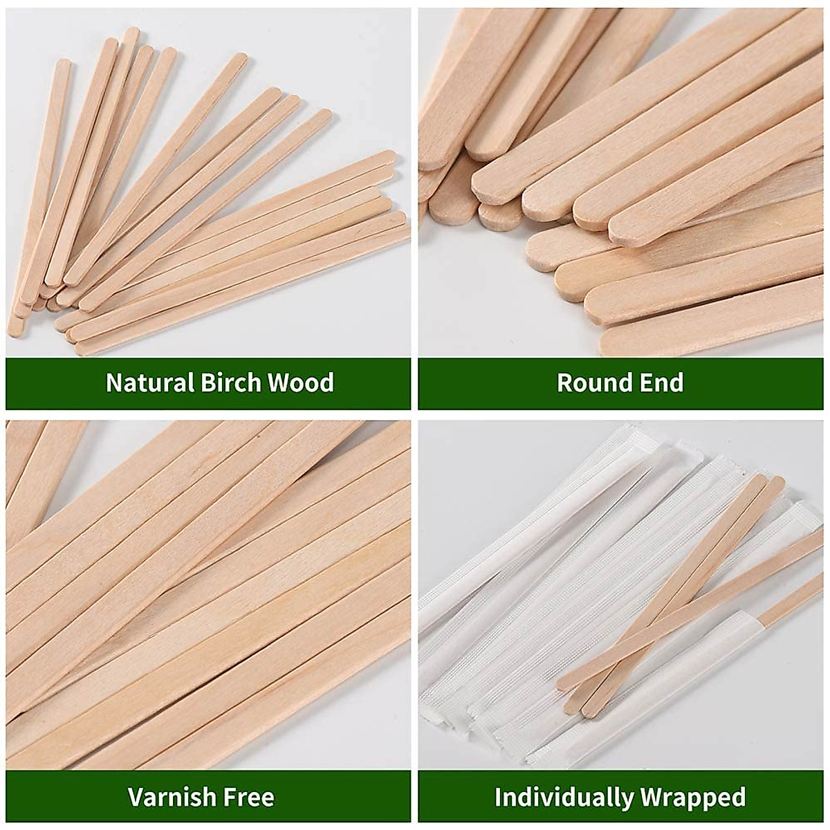 MFJUNS 200pcs Individually Wrapped Coffee Stirrers Wood - 5.5" Coffee Stir Sticks, Round End Disposable coffee stirrer, For Coffee, Cocktail and Hot Drinks