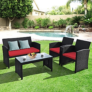 Goplus Rattan Patio Furniture Set 4 Pieces, Outdoor Wicker Conversation Sofa and Table Set with Soft Cushions & Tempered Glass Coffee Table for Balcony Garden Backyard (Red)