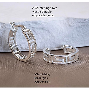 Sterling Silver Greek Key 20mm Round Hoop Earrings
