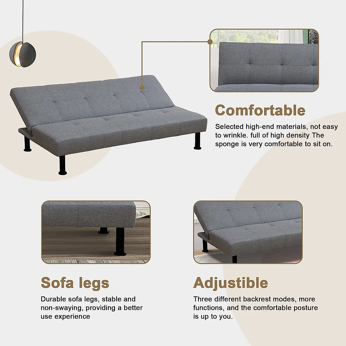 SumKea Convertible Flannel Sofa Compact, Adjustable, and Durable Futon Couch Bed with Sturdy Legs for Living Room and Bedroom, Grey