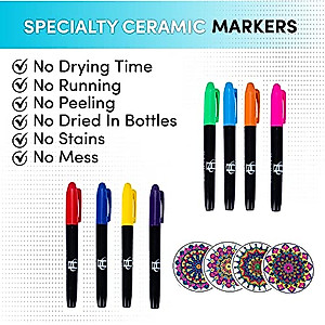 Color Your Own Coaster Mandalas with Markers | 8 Absorbent Ceramic Discs w/Cork Base for Drinks | Gift Arts and Crafts DIY Kit for Adults, Hobby, Beginners, Kids, Teens, Seniors, Women, Elderly