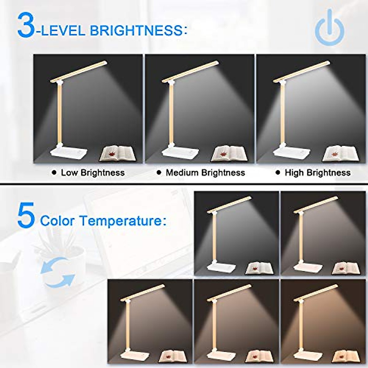 Lapeort LED Desk Lamp with USB Charging Port, Dimmable Eye-Caring Desk Lamp for Home Office, Touch Control Cute Table Lamp with 5 Lighting Modes, 3 Level Brightness