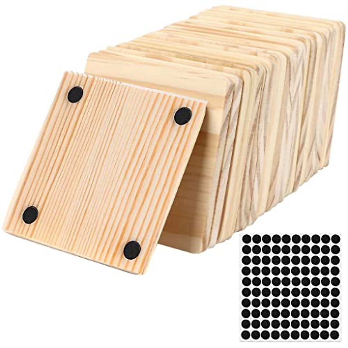 24 PCS Unfinished Square Wood Coasters, 4 Inch Blank Wooden Coasters with 100 Pcs Self Adhesive Non Slip Foam Dots, Wood Slices for DIY Crafts Painting Engraving Home Decoration
