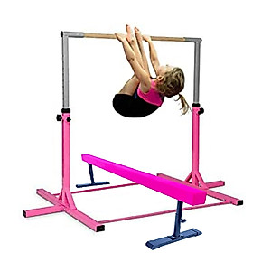 XDance Gymnastics Bar Kip Bar for Kids 3 in 1 Set with Adjustable Balance Tube, 6'x4' Tumble Mat, Expandable Height 3 to 5 FT Horizontal Bar Junior Gymnast Gymnastic Bar Asymmetric Bar Pink