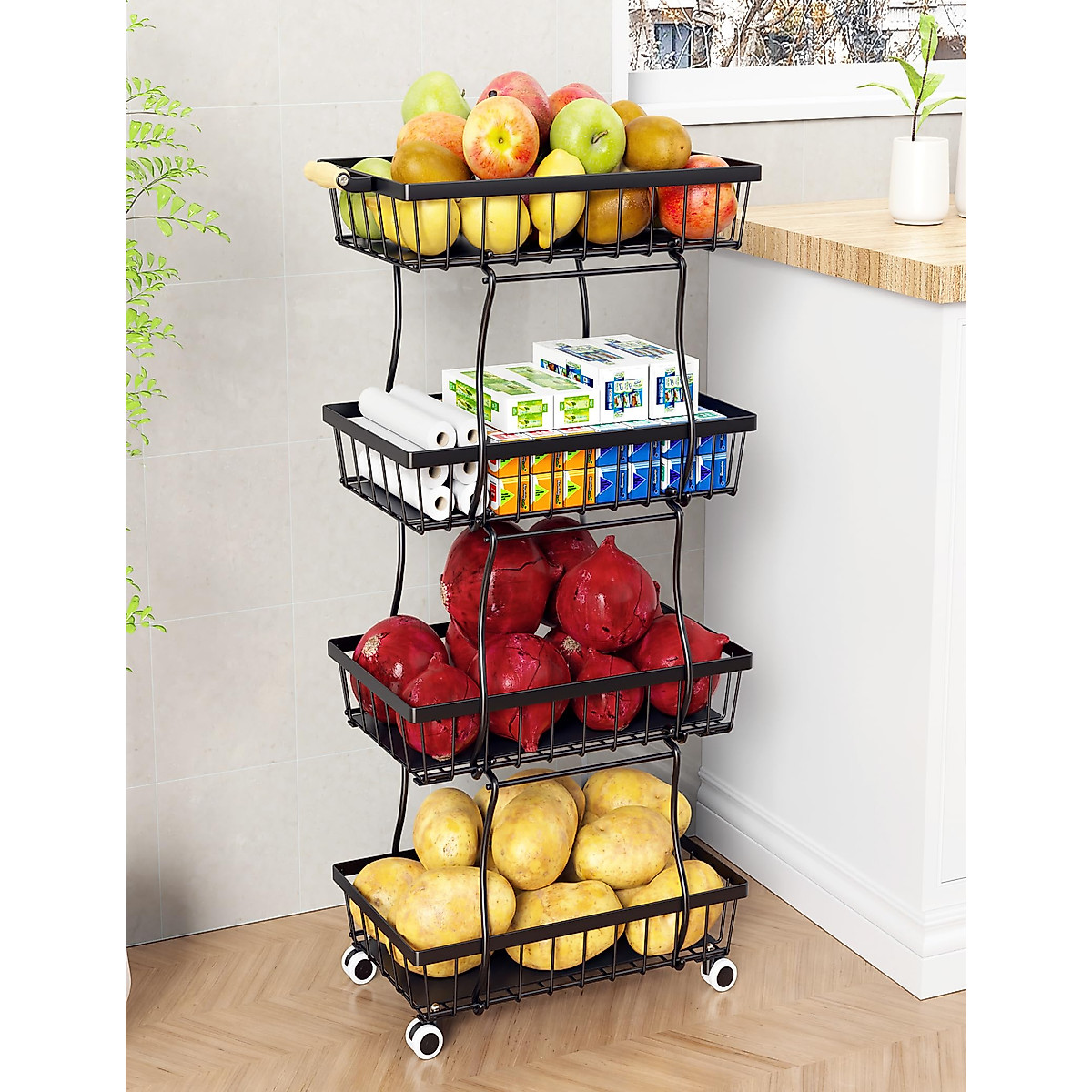 OKZEST Fruit Basket, 4-Tier Small Kitchen Organizer and Storage Cart on Wheels, Rolling Pantry Snack Cart with Handle for Storing Fruit, Potato, Onion, Snacks, Vegetables, Bread, Produce