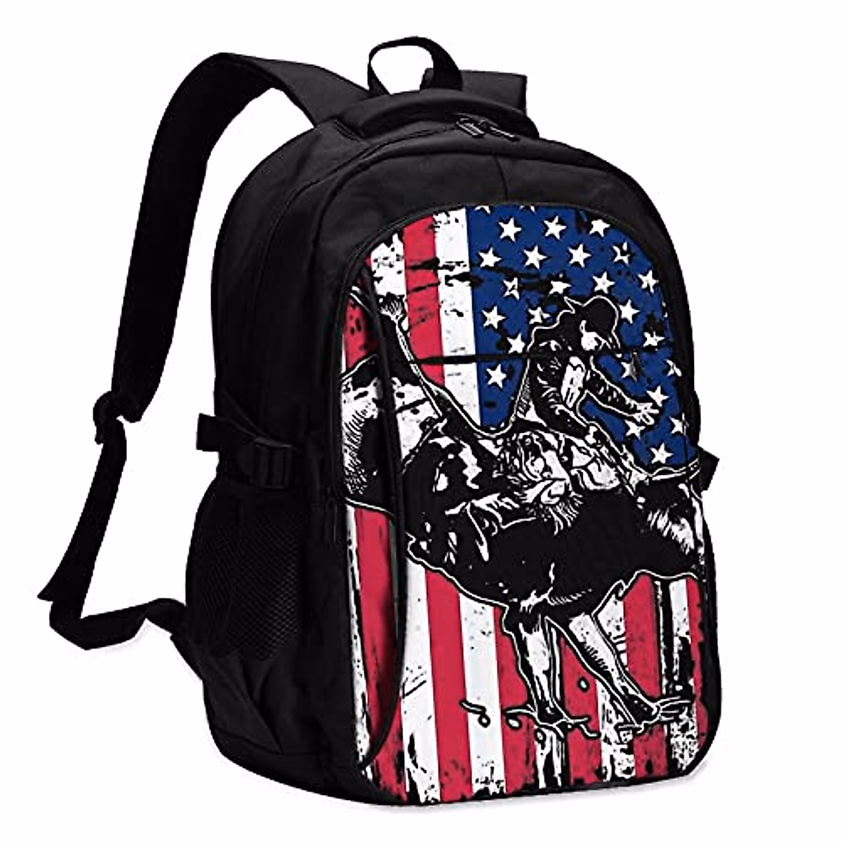 herbeier Stylish Rodeo Bull Rider American Flag Travel Backpack with USB Charging Port for Travel Business School Gifts, One Size