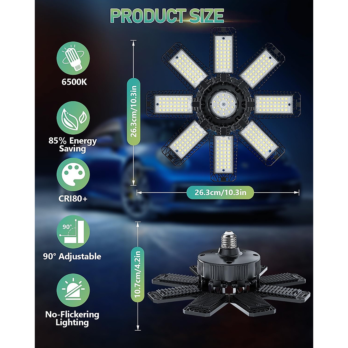 YIBEYYDS LED Garage Lights Garage Light - 240W 24000LM Garage Lights Ceiling LED，6500K LED Garage Ceiling Lights with 8+1 Deformable Panels Support E26/E27 for Garage, Workshop, Basement (2)