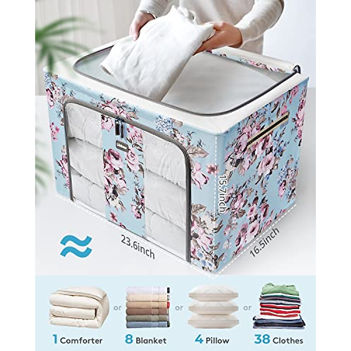 LitBear 2 Pack 100L Clothes Storage Bins Foldable Metal Frame Storage Box - Stackable Oxford Fabric Container Organizer Set with Carrying Handles and Clear Window(Blue floral)