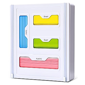 CiWiVOKi Expandable Storage Bag Organizer for Kitchen Drawer, 6 in 1 Foil and Plastic Wrap Dispenser with Cutter, Plastic Organization and Storage for Sandwich Gallon Quart Snack Bags, 3.2"High, White